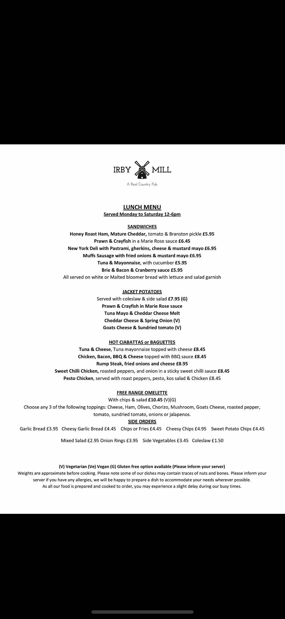 Menu at Irby Mill pub & bar, Greasby