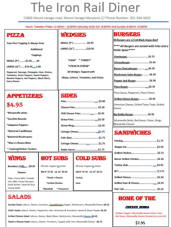 Menu at Iron Rail Diner restaurant, Mount Savage, Mt Savage Rd NW
