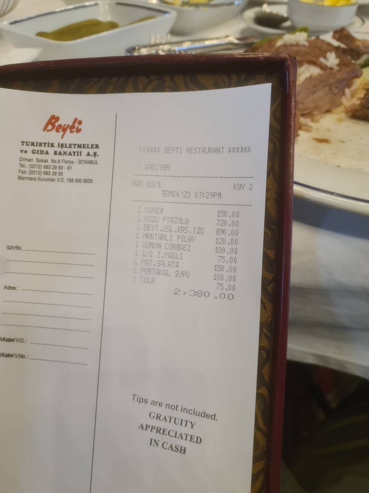 Menu at Beyti, Istanbul, Florya