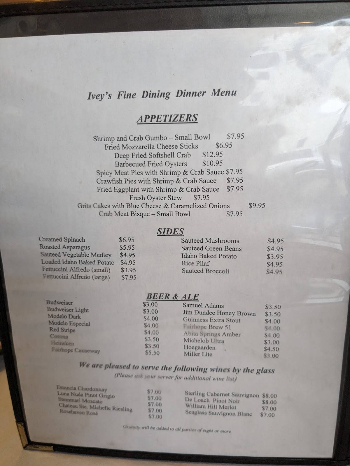 Menu at Ivey's steakhouse, Robertsdale