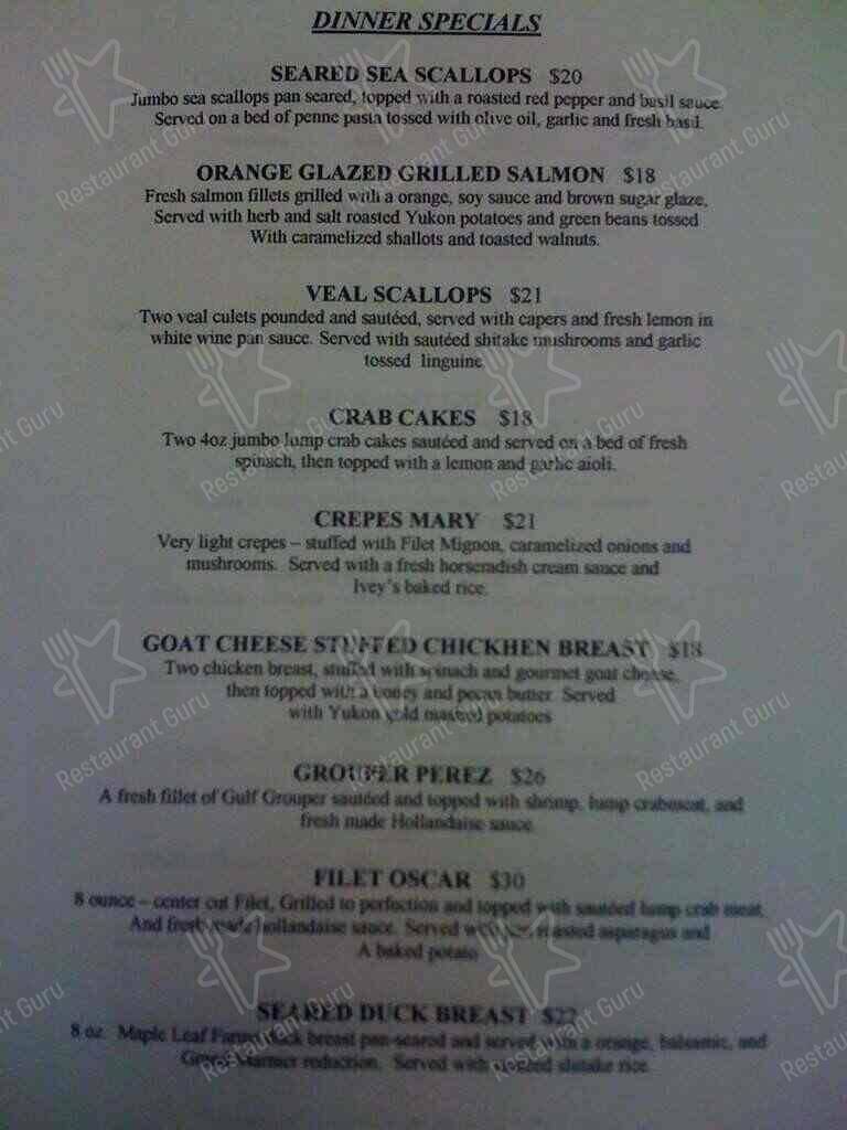 Menu at Ivey's steakhouse, Robertsdale