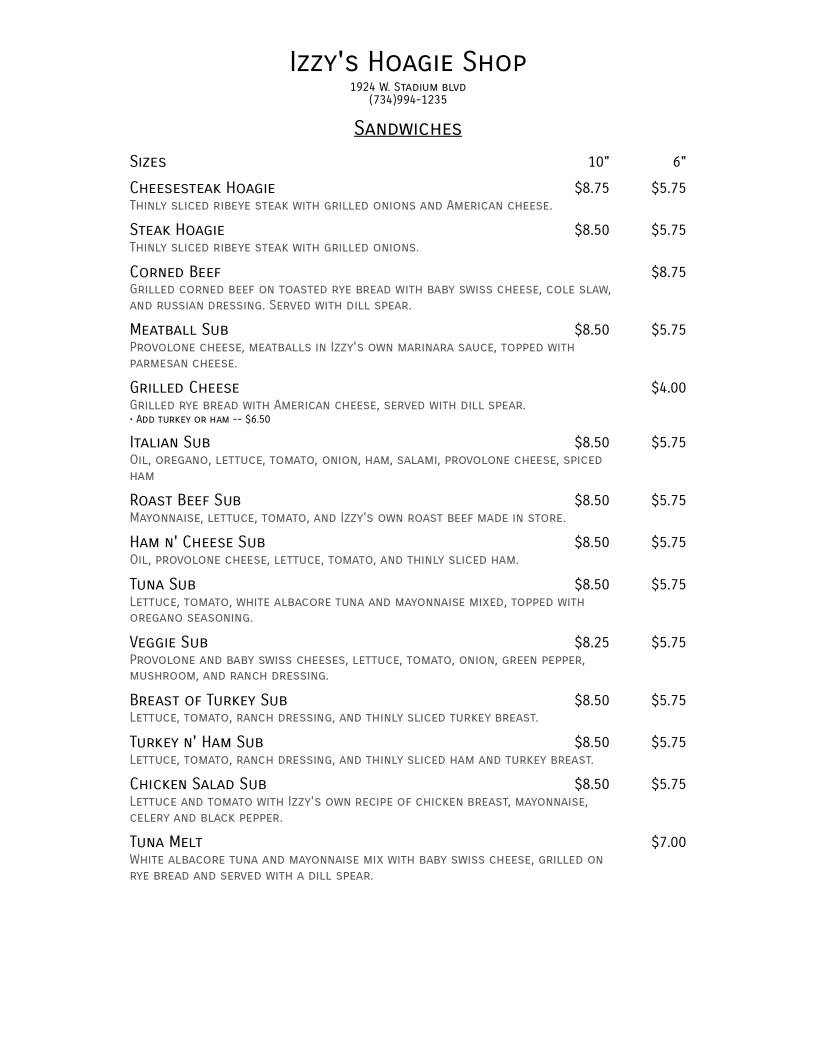 Menu at Izzy's Hoagie Shop restaurant, Ann Arbor