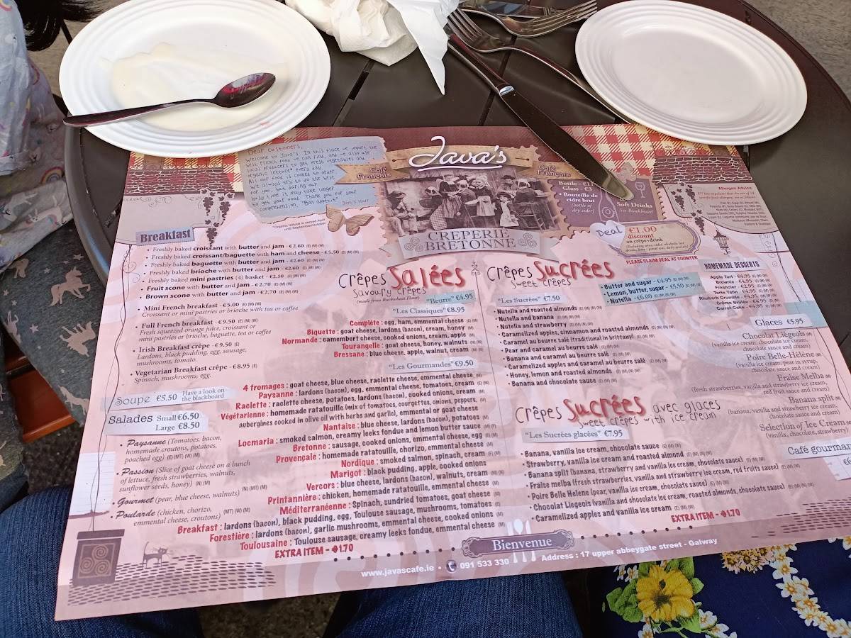 Menu at Java's Cafe, Galway