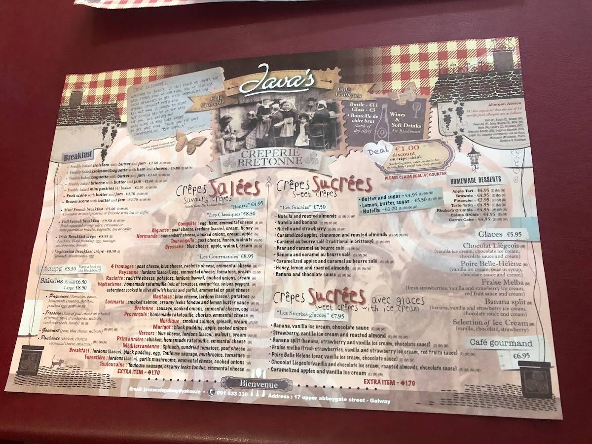 Menu at Java's Cafe, Galway