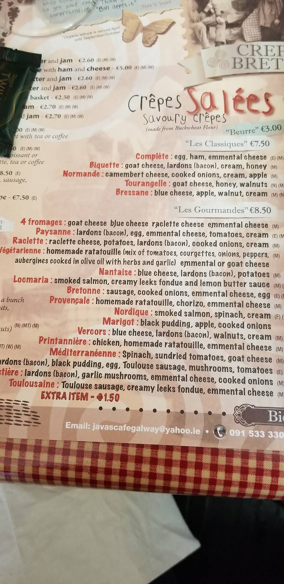 Menu at Java's Cafe, Galway