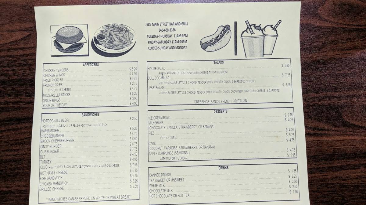 Menu at Jess' Main Street Bar and Grill, Luray