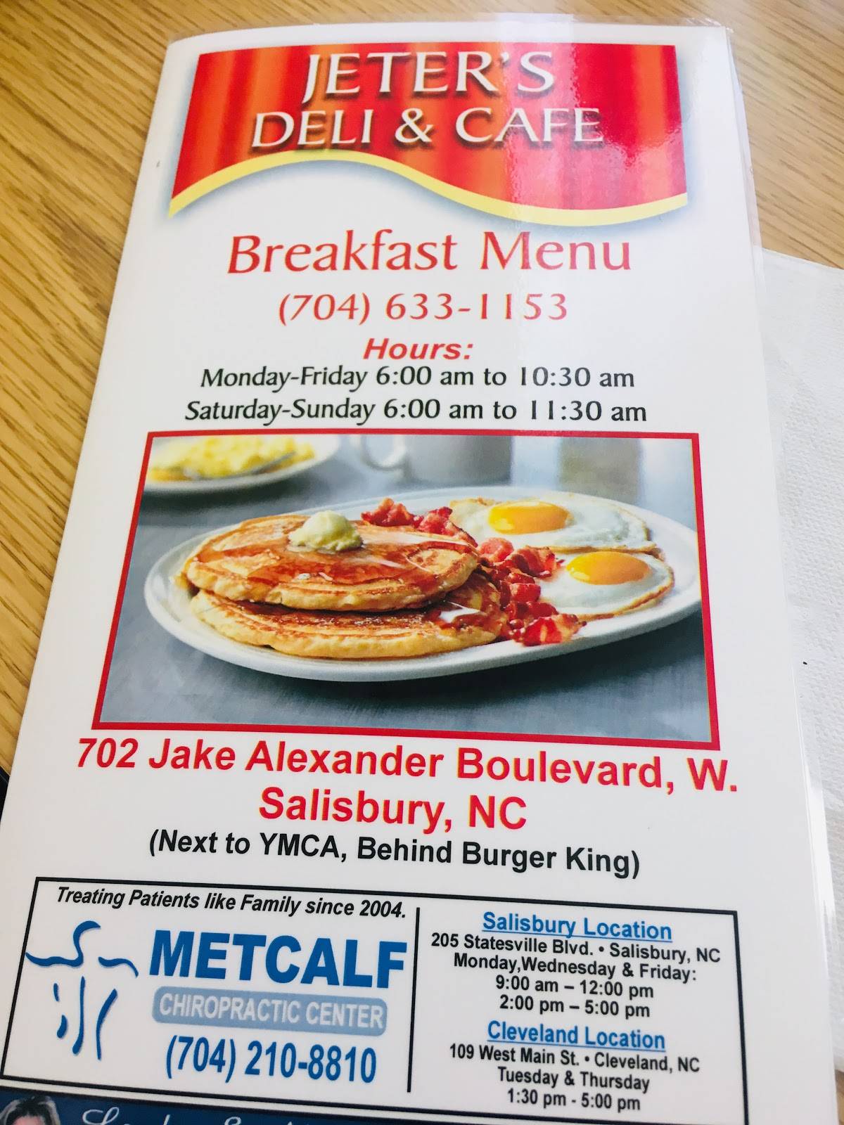 Menu at Jeter's Deli Cafe, Salisbury