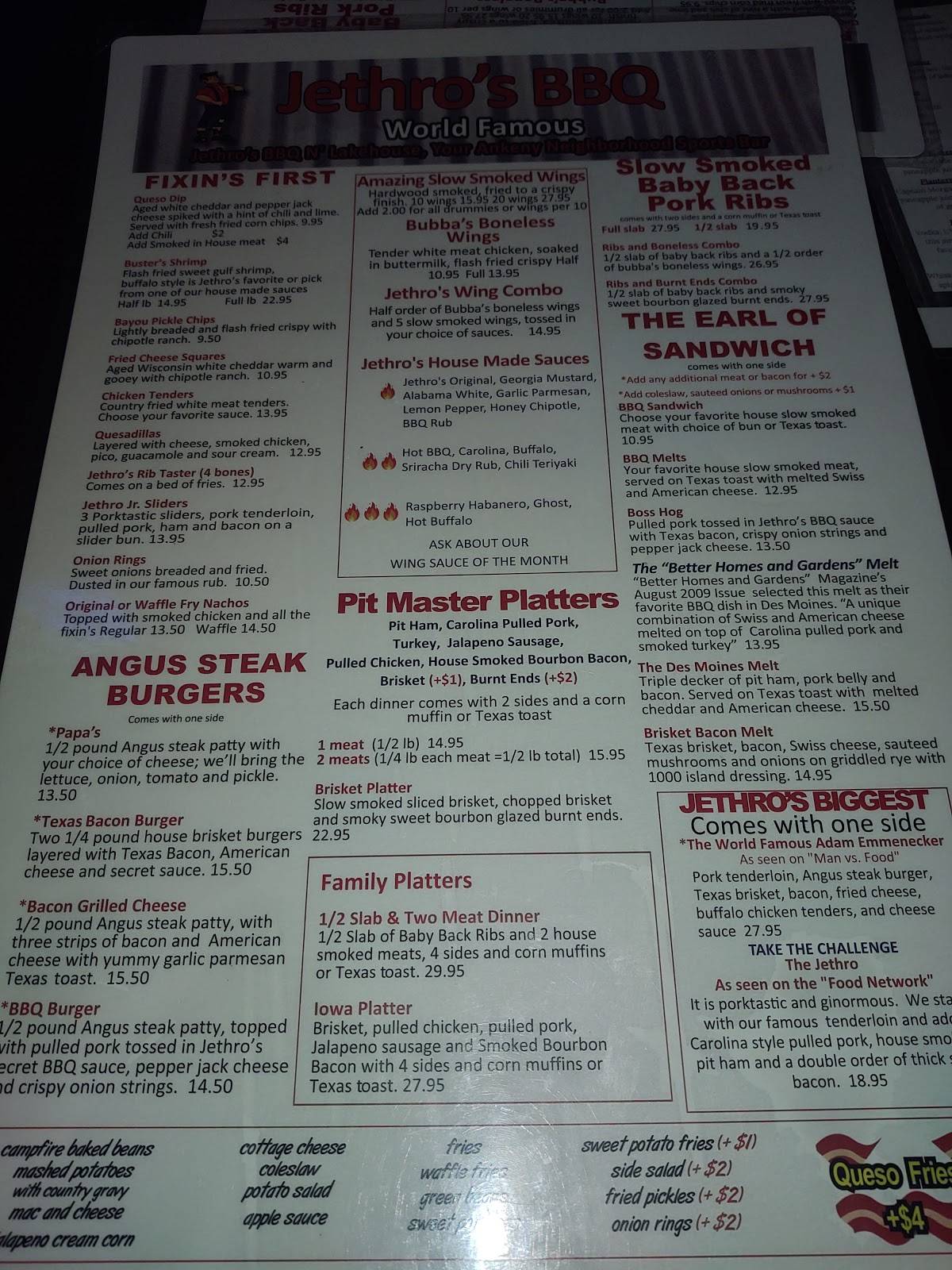Menu at Jethro’s BBQ n’ LakeHouse, Ankeny