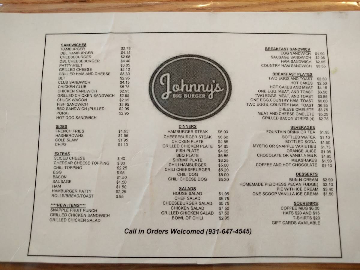 Menu at Johnny's Big Burger restaurant, Clarksville