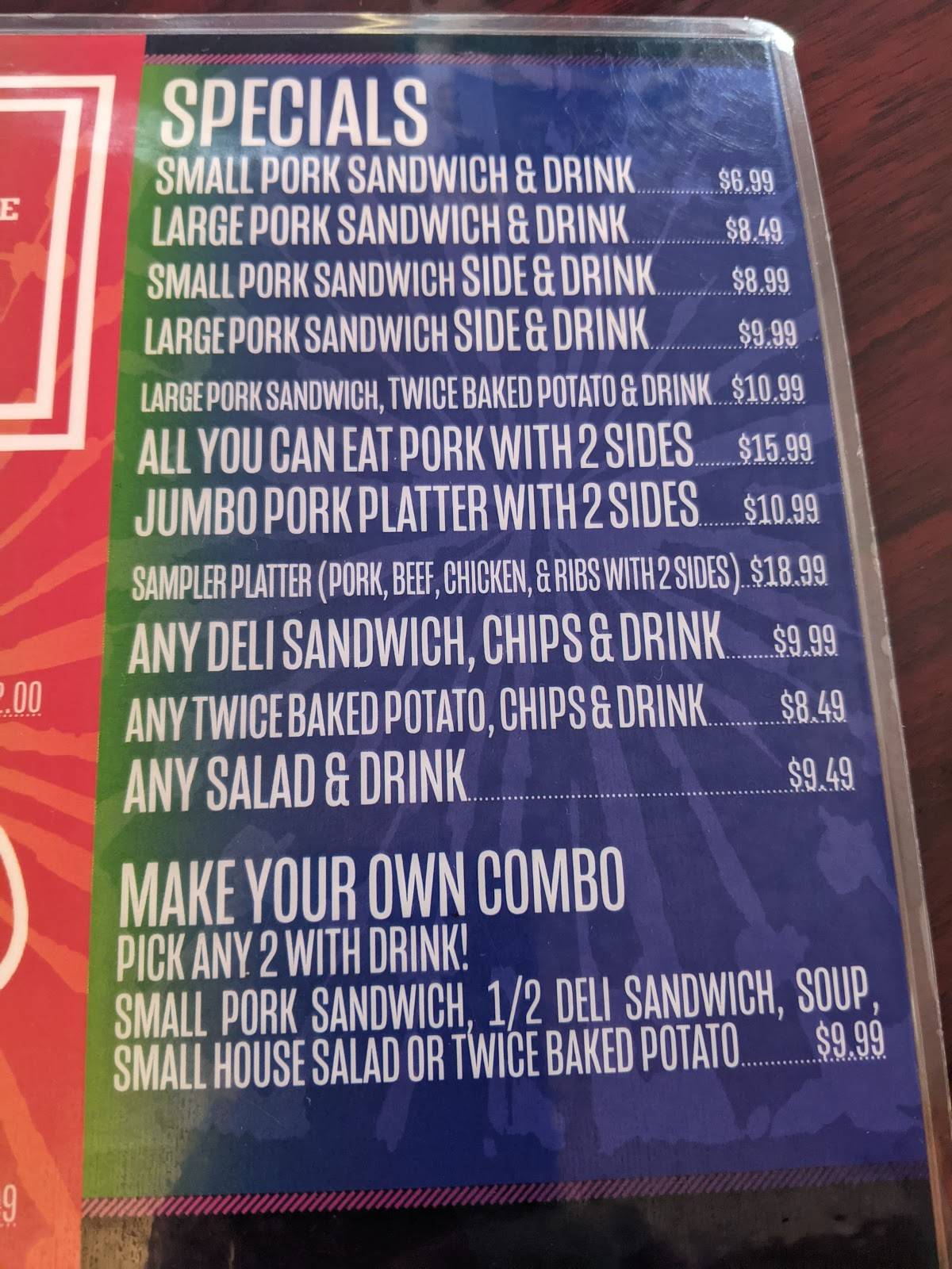 Menu at Red Pig Bar-B-Q, Johnson City