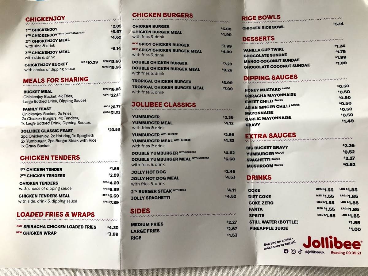 Menu at Jollibee Reading restaurant, Reading
