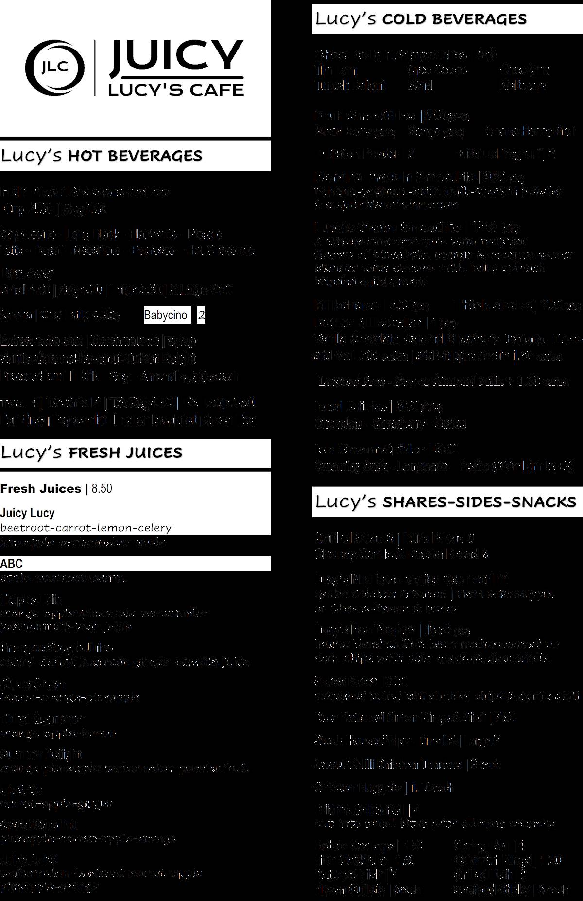 Menu at Juicy Lucy’s Cafe, Young, 113 Boorowa St