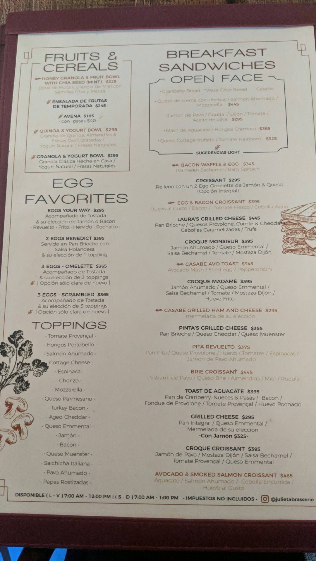 Carta del restaurante Julieta Brasserie, Santo Domingo