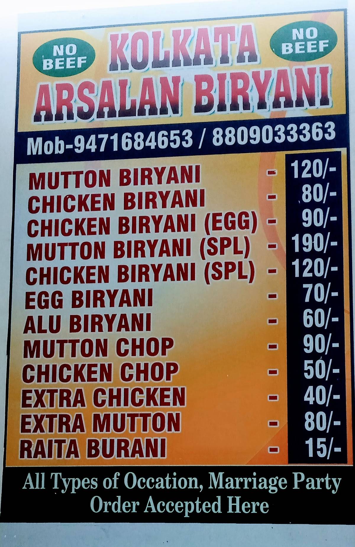 Menu at KOLKATA ARSALAN BIRYANI, Kolkata, Nangi station rode