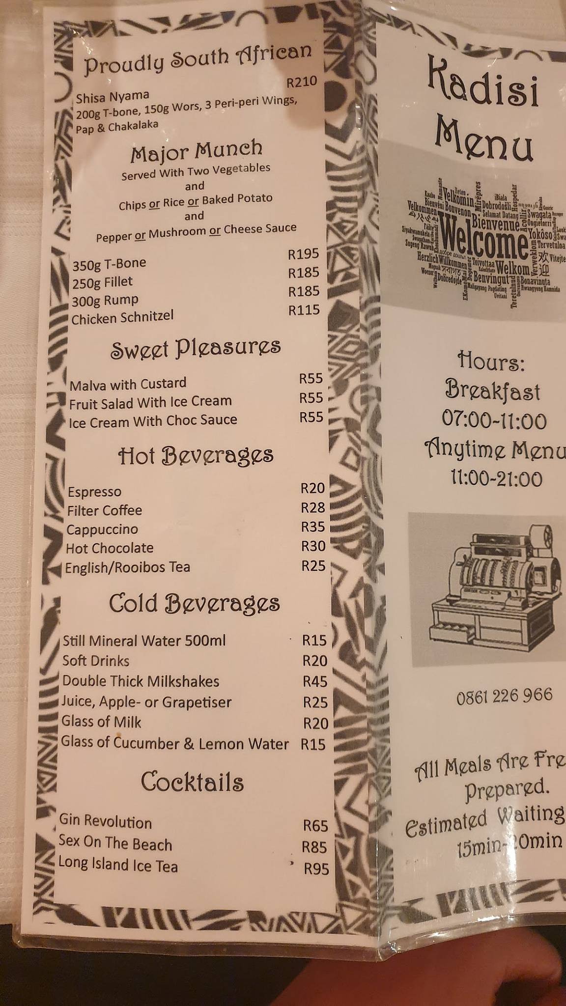 Menu at Kadisi Restaurant at Blyde Canyon, A Forever Resort, Matibidi