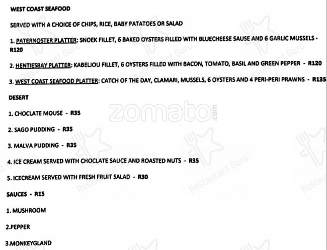 Menu at Kalahari Windpomp Restaurant, Shere