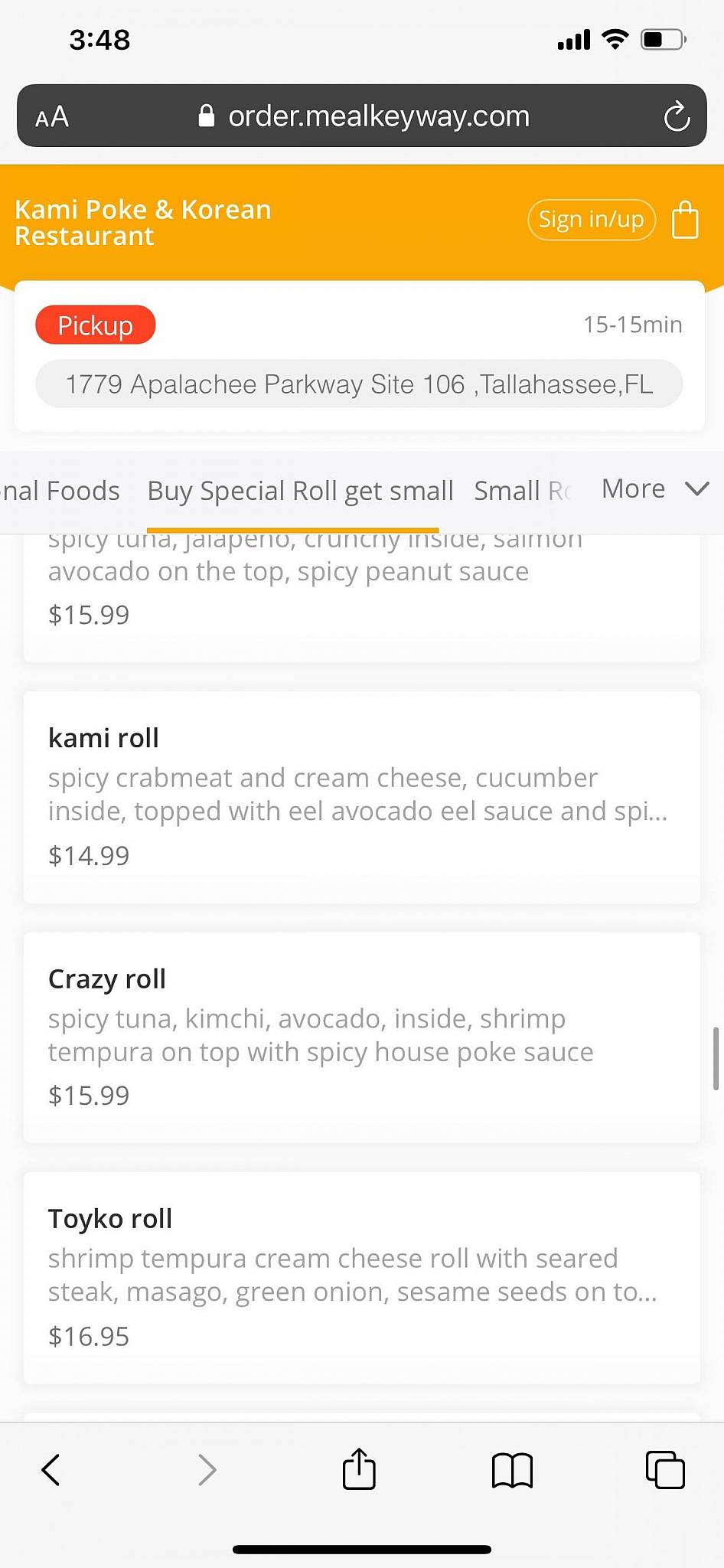 Menu at Kami Poke restaurant, Tallahassee