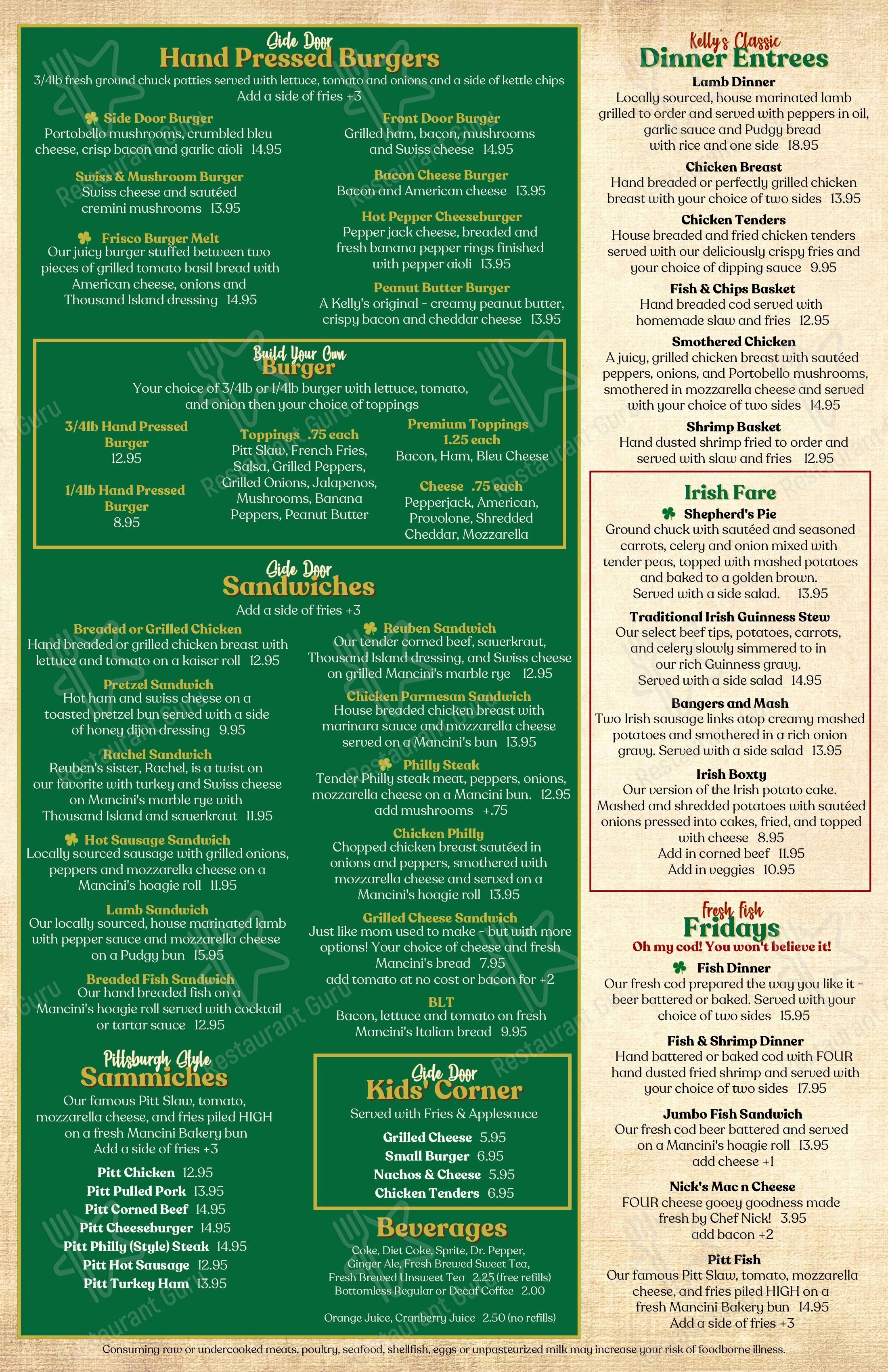 Menu at Kelly's Side Door Tavern pub & bar, New Castle