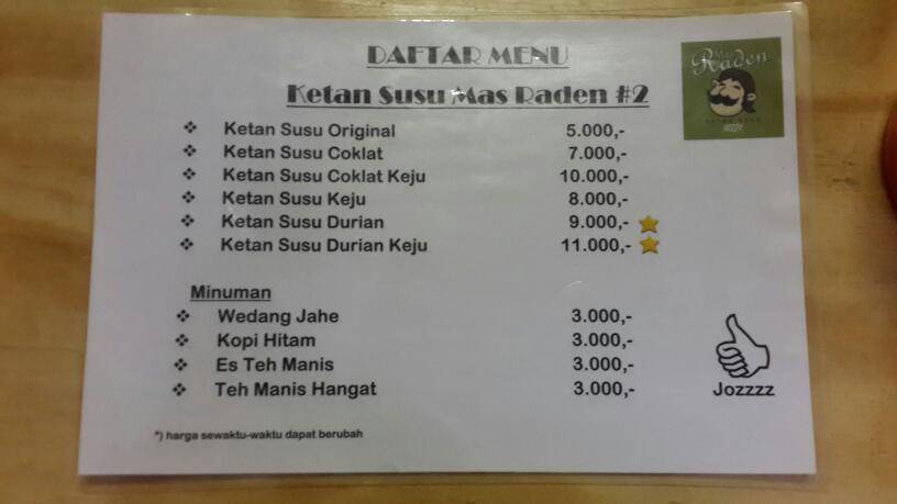 Menu at Ketan Susu Mas Raden #2 restaurant, South Jakarta
