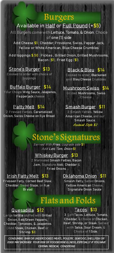 Menu at Stone's Irish Pub, Keystone Heights