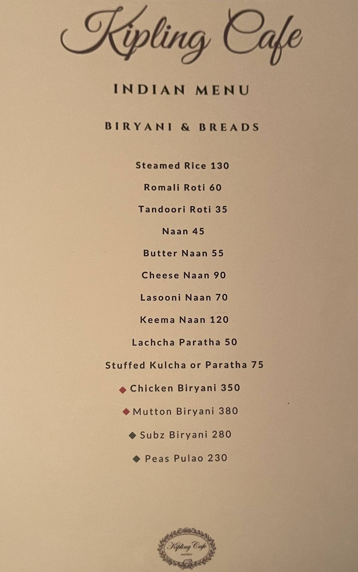 Menu at Kipling Cafe, Chennai, 16