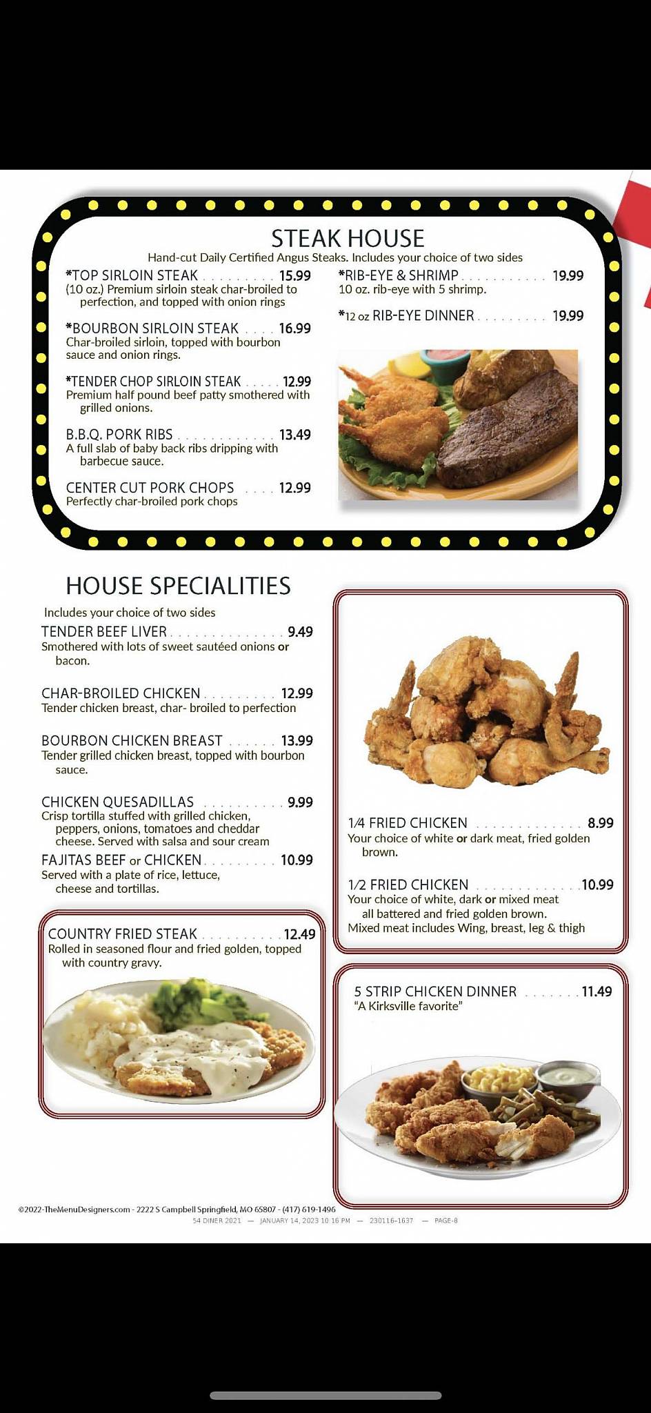 Menu at Diner 54 restaurant, Kirksville