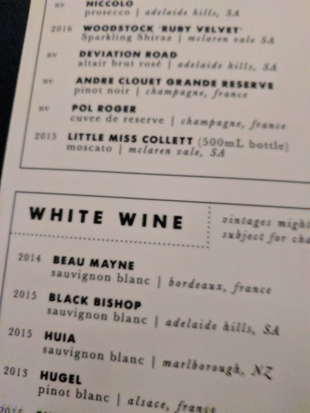 Menu at Kosho restaurant, North Adelaide