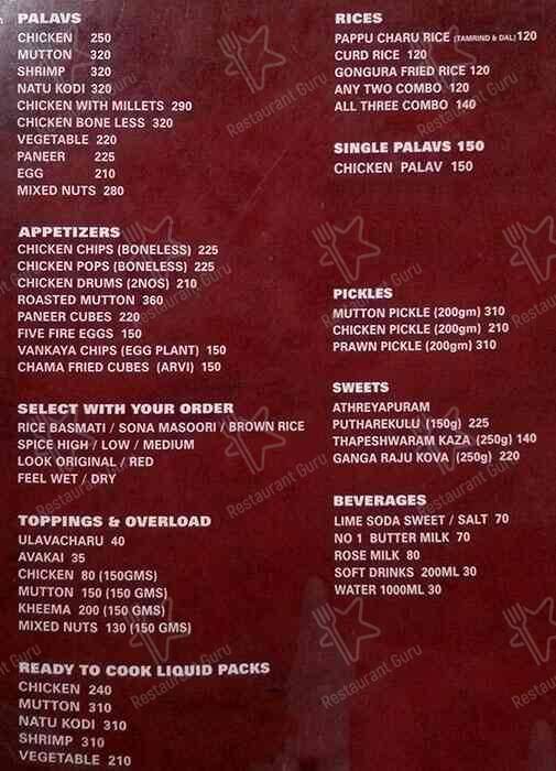 Menu at KUCHIPUDI PALAV MIYAPUR, Hyderabad, Plot No 134