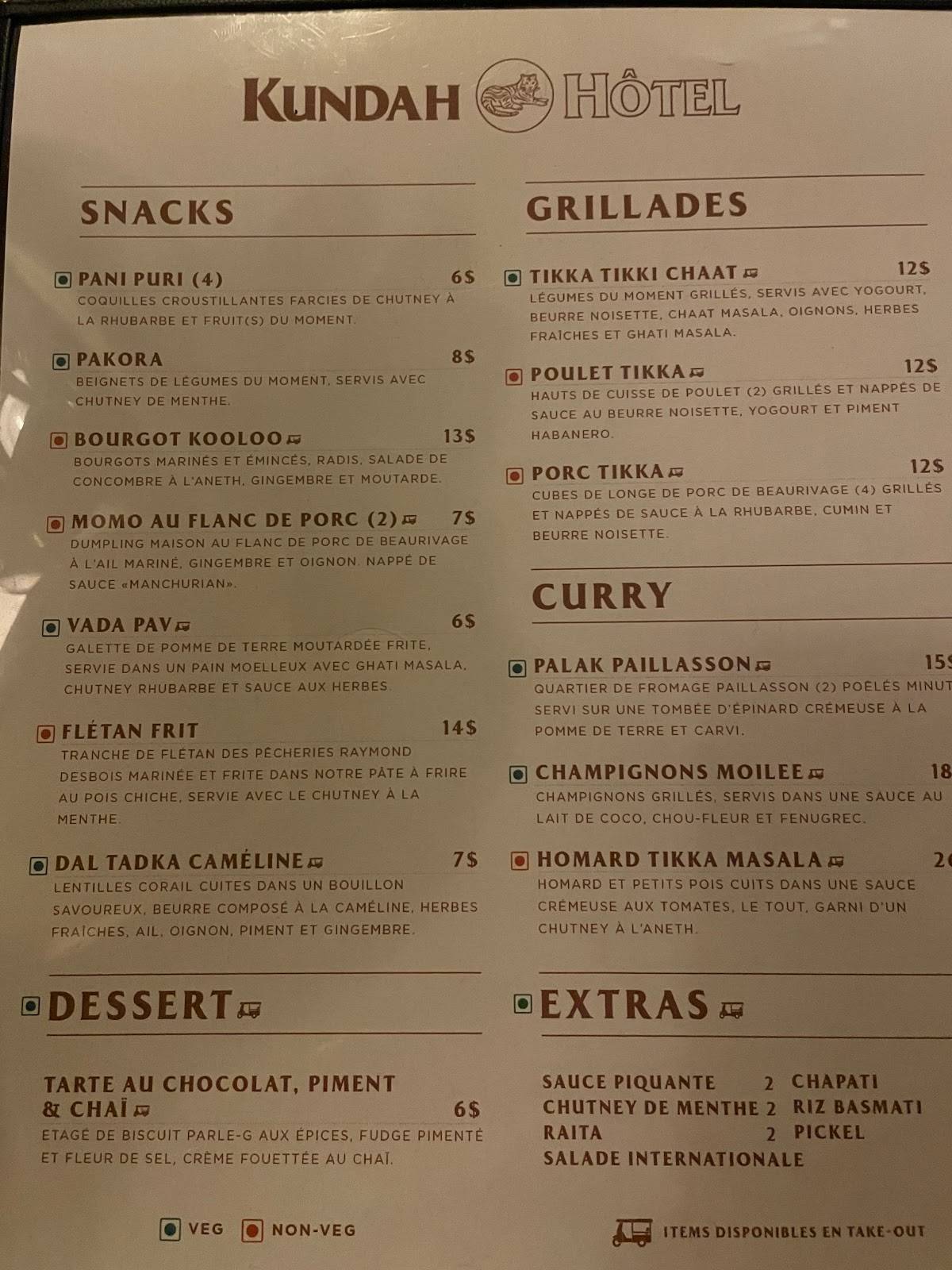 Carta del restaurante Kundah Hôtel, Quebec