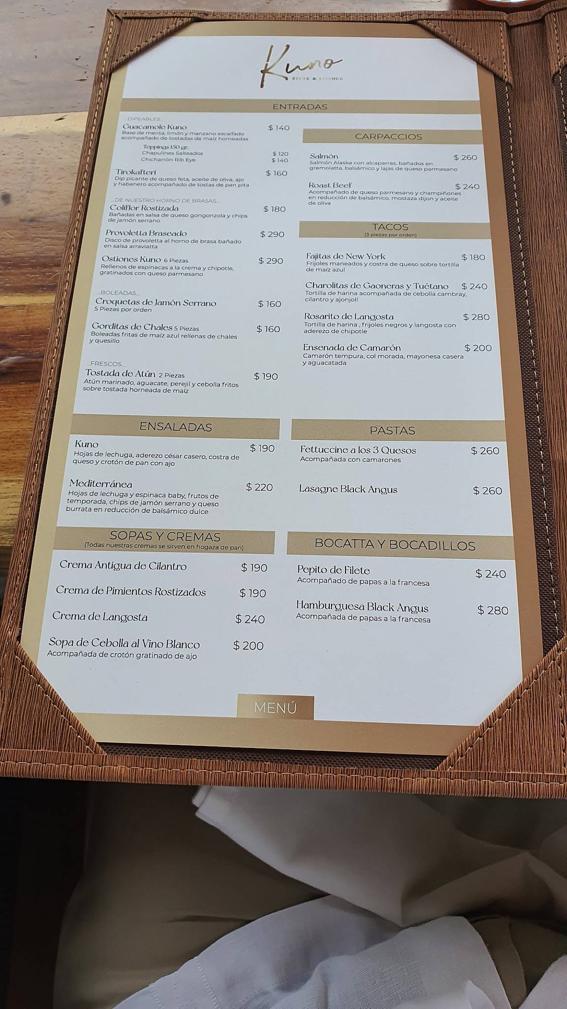 Menu at Kuno Cuernavaca restaurant, Cuernavaca