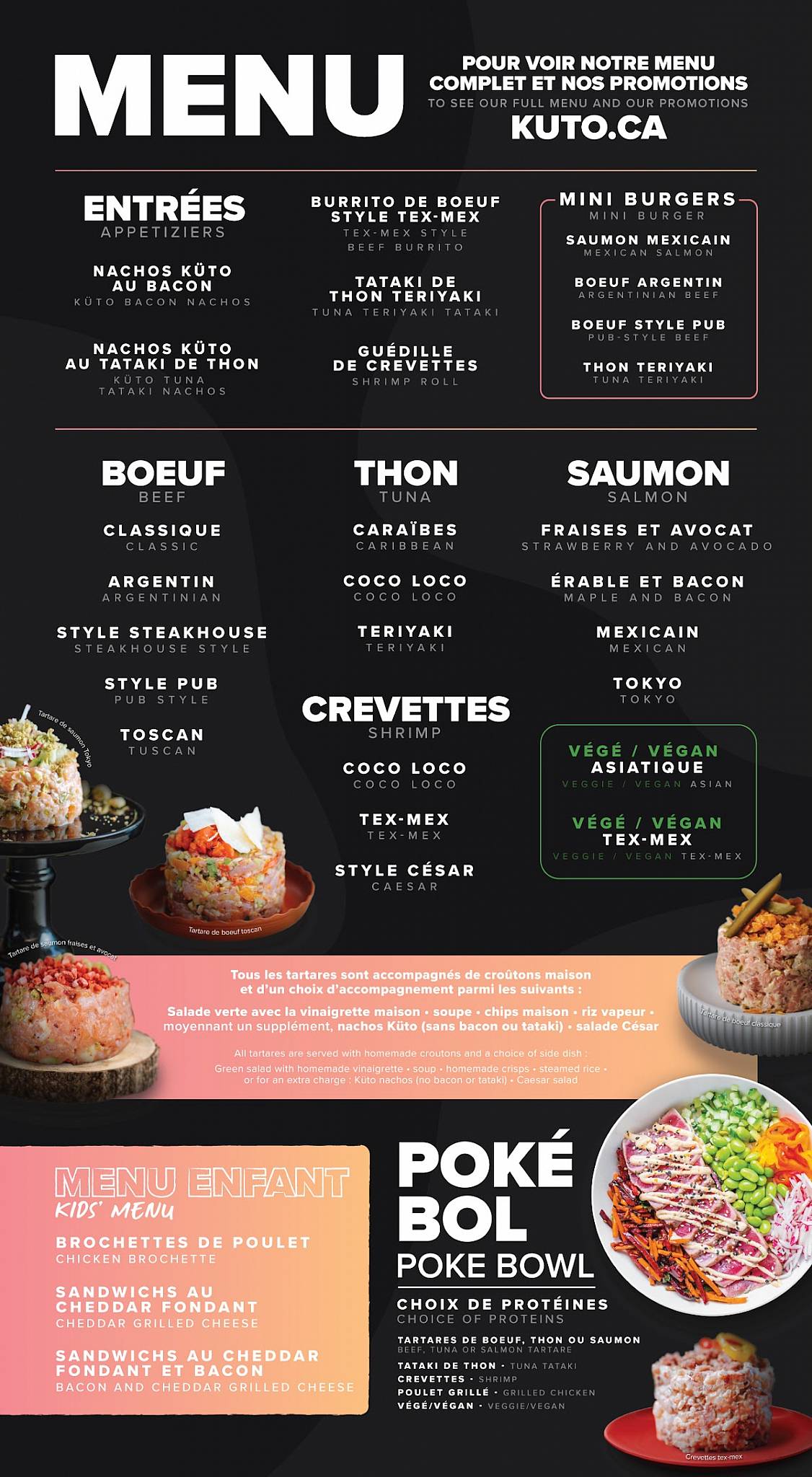 Menu au Küto - Comptoir à Tartares Bromont restaurant, Bromont
