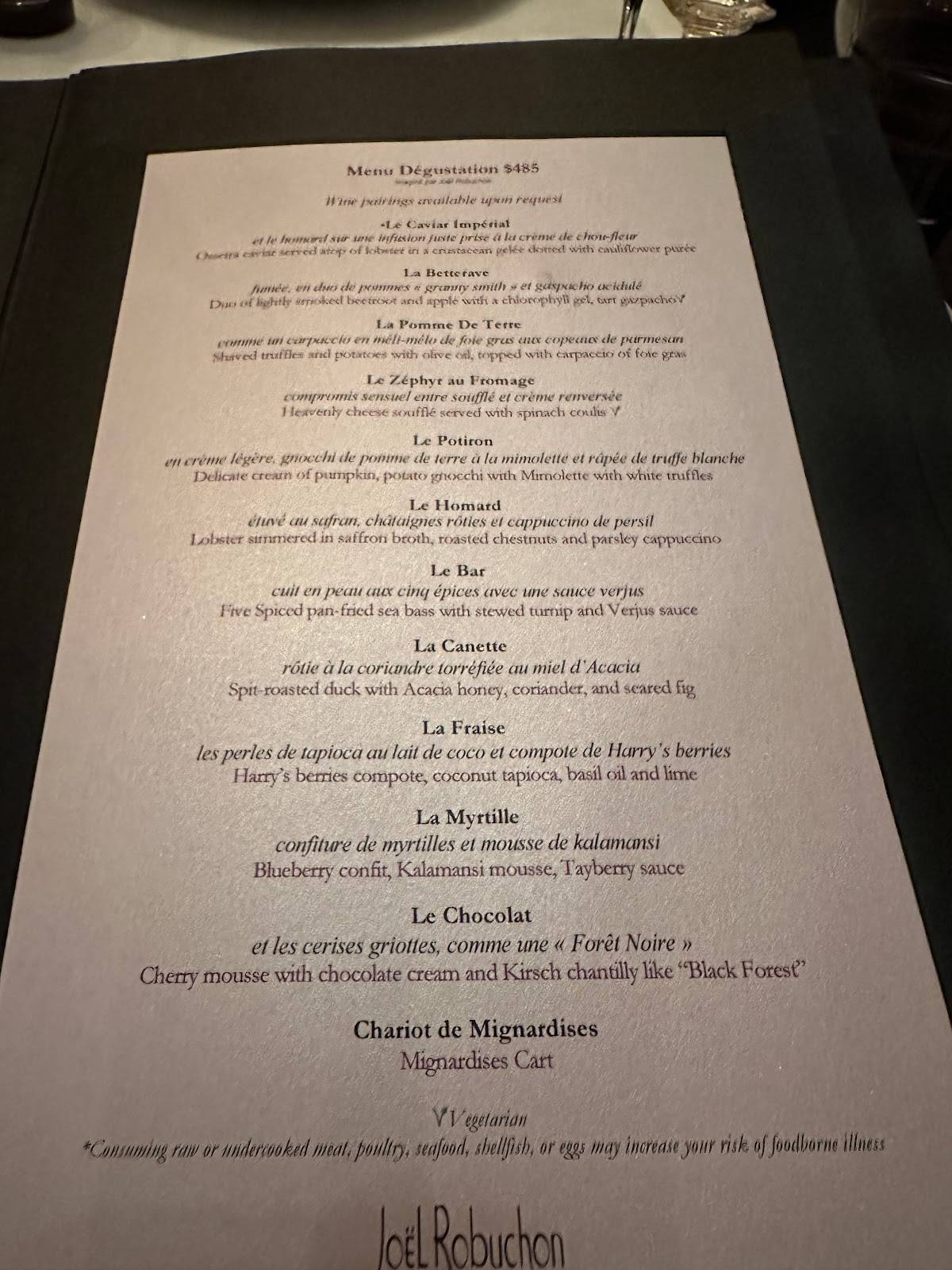 Menu at L'Atelier restaurant, Las Vegas