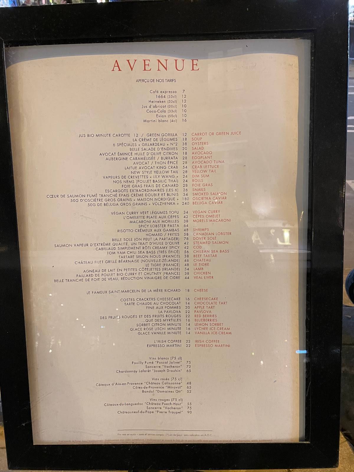 Menu at L'Avenue restaurant, Paris, 41 Av. Montaigne