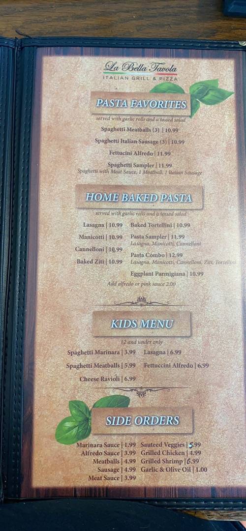 Menu at La Bella Tavola restaurant, Cuero