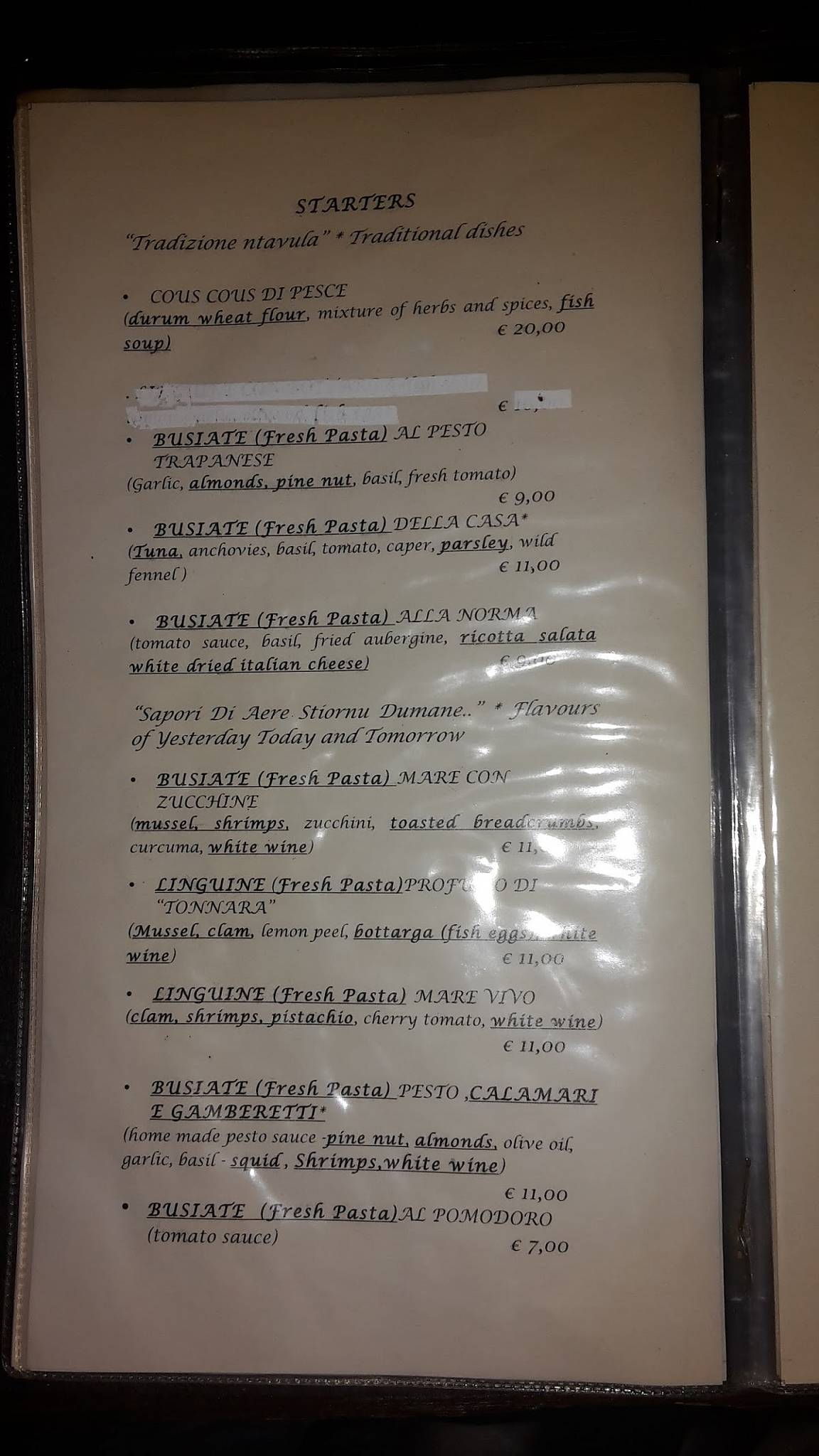 Menu da Trattoria La Bettola ristorante, Favignana