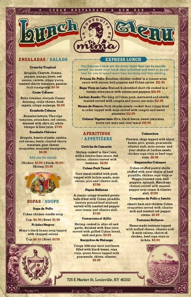 Menu at La Bodeguita De Mima Cuban Restaurant and Rum Bar, Louisville
