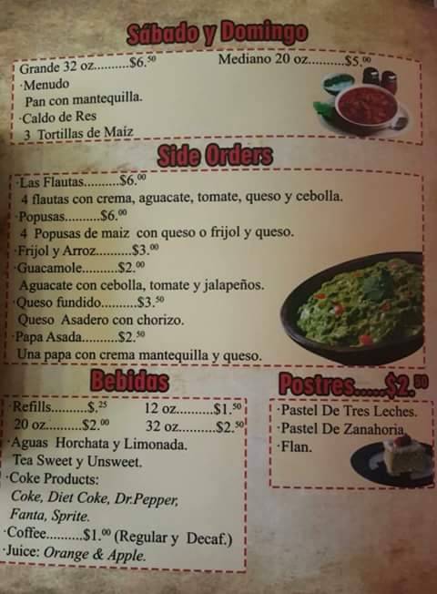 Menu at La Changa Restaurant, Fabens