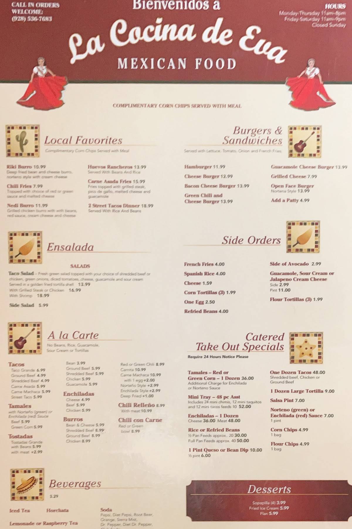 Menu at La Cocina De Eva restaurant, Snowflake, 201 Main St