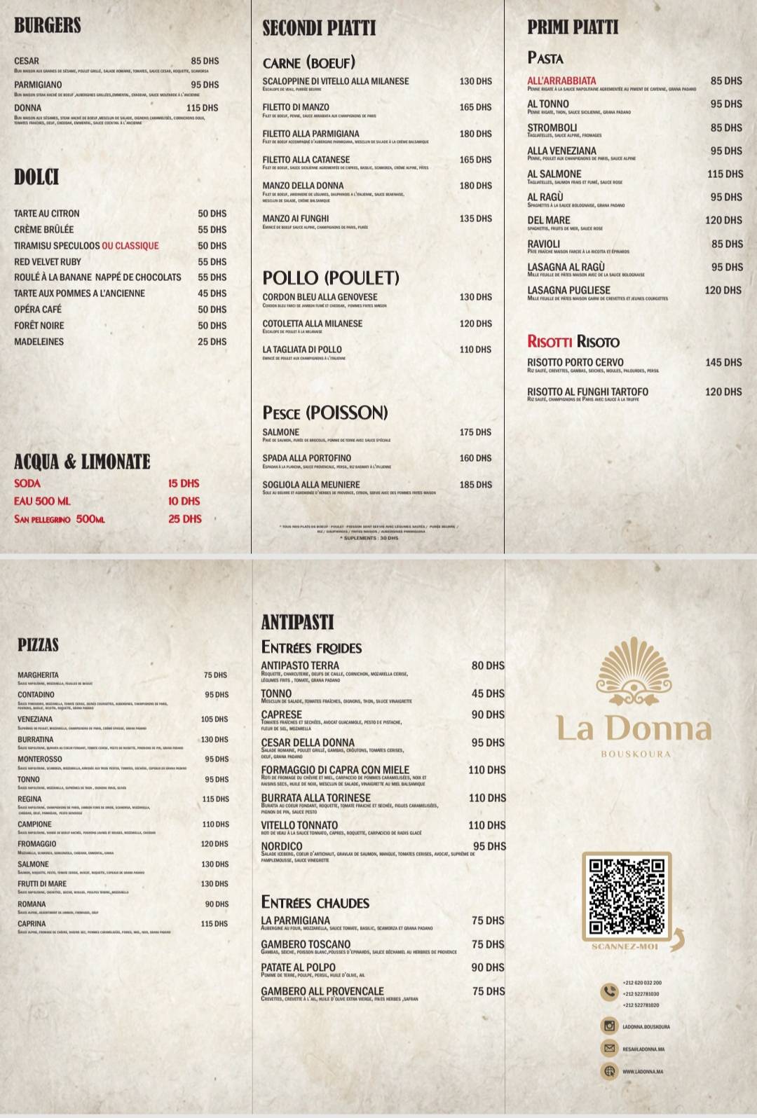 Menu au La Donna bouskoura restaurant, Bouskoura