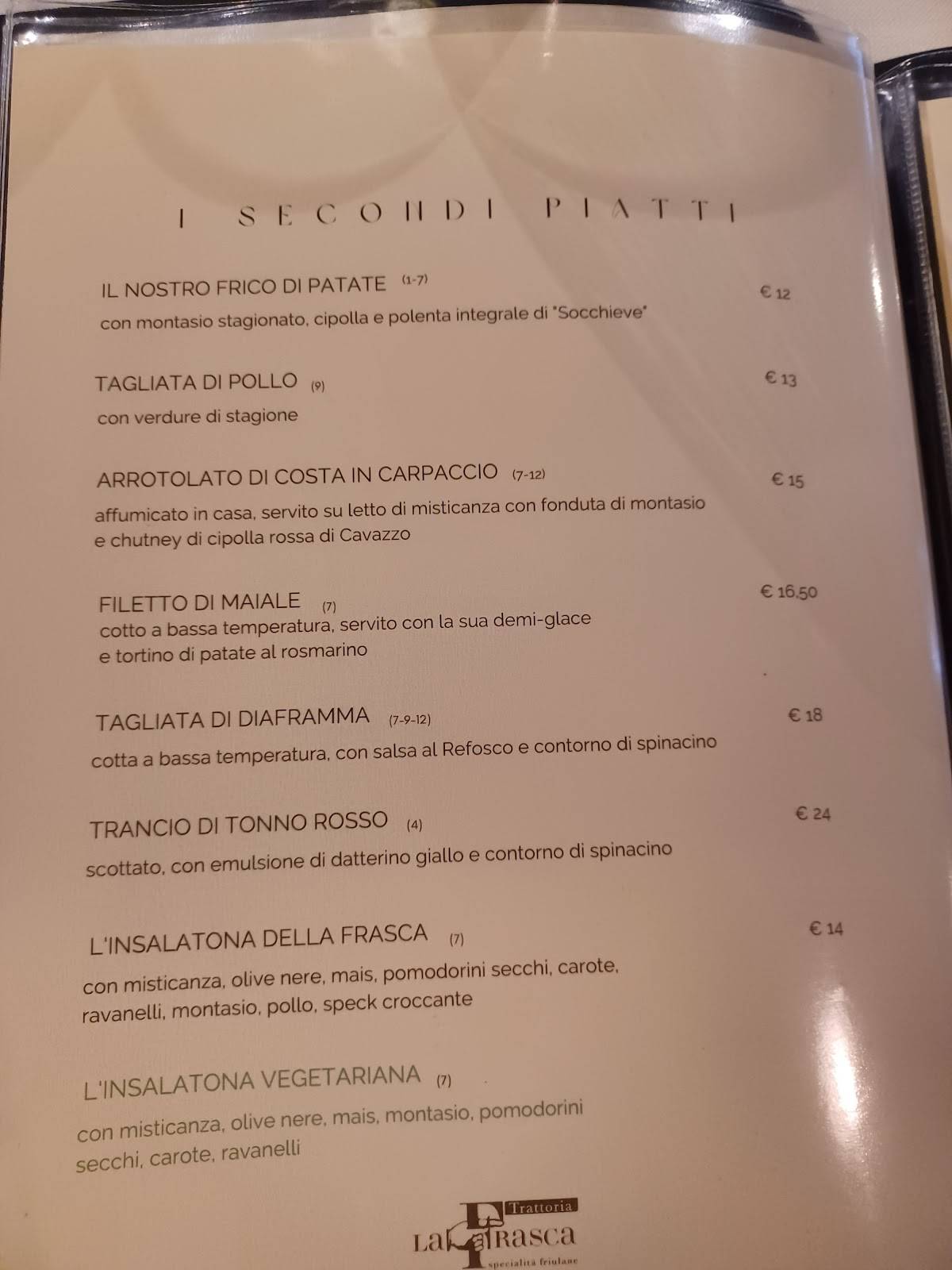 Menu da La Frasca ristorante, Pavia di Udine