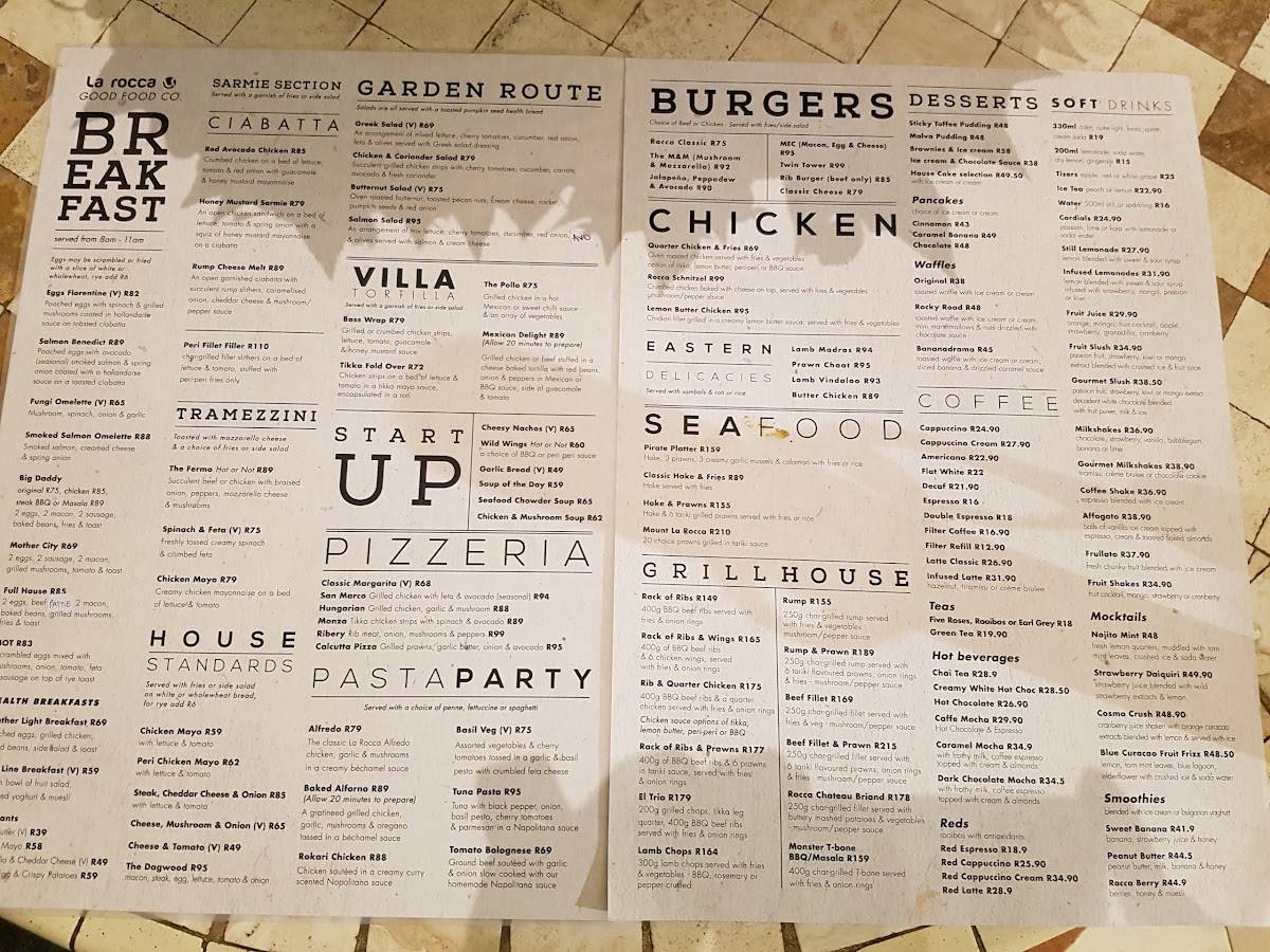 Menu at La Rocca restaurant, Cape Town