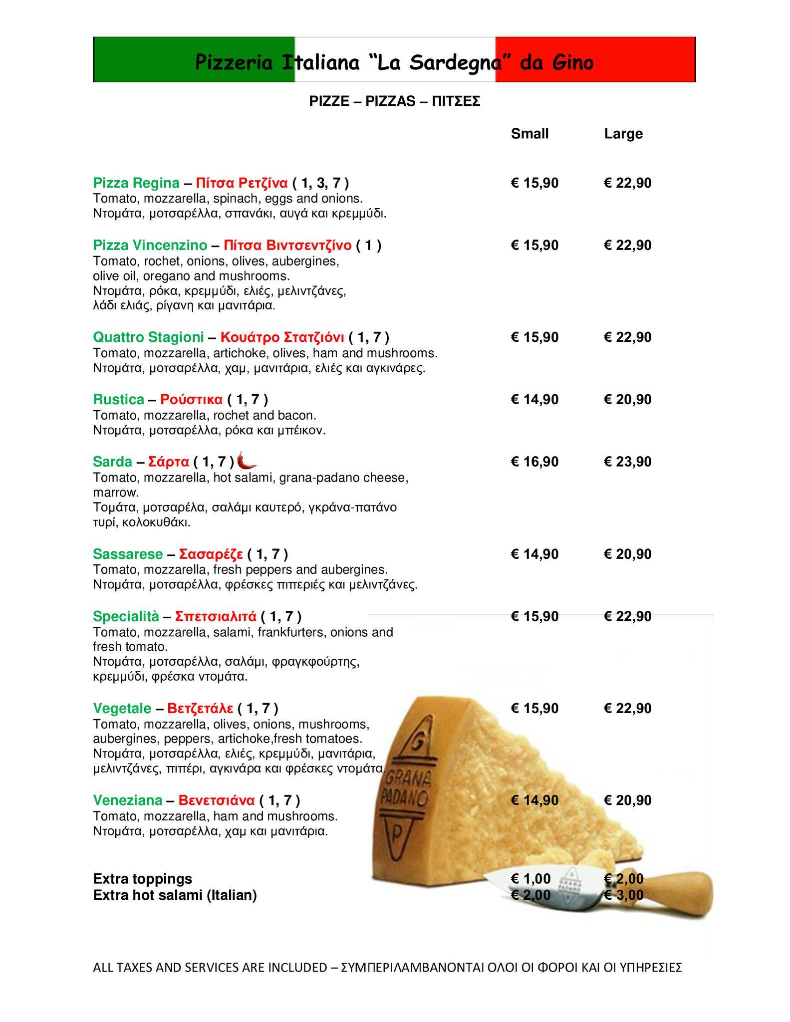 Menu at La Sardegna da Gino, Paphos