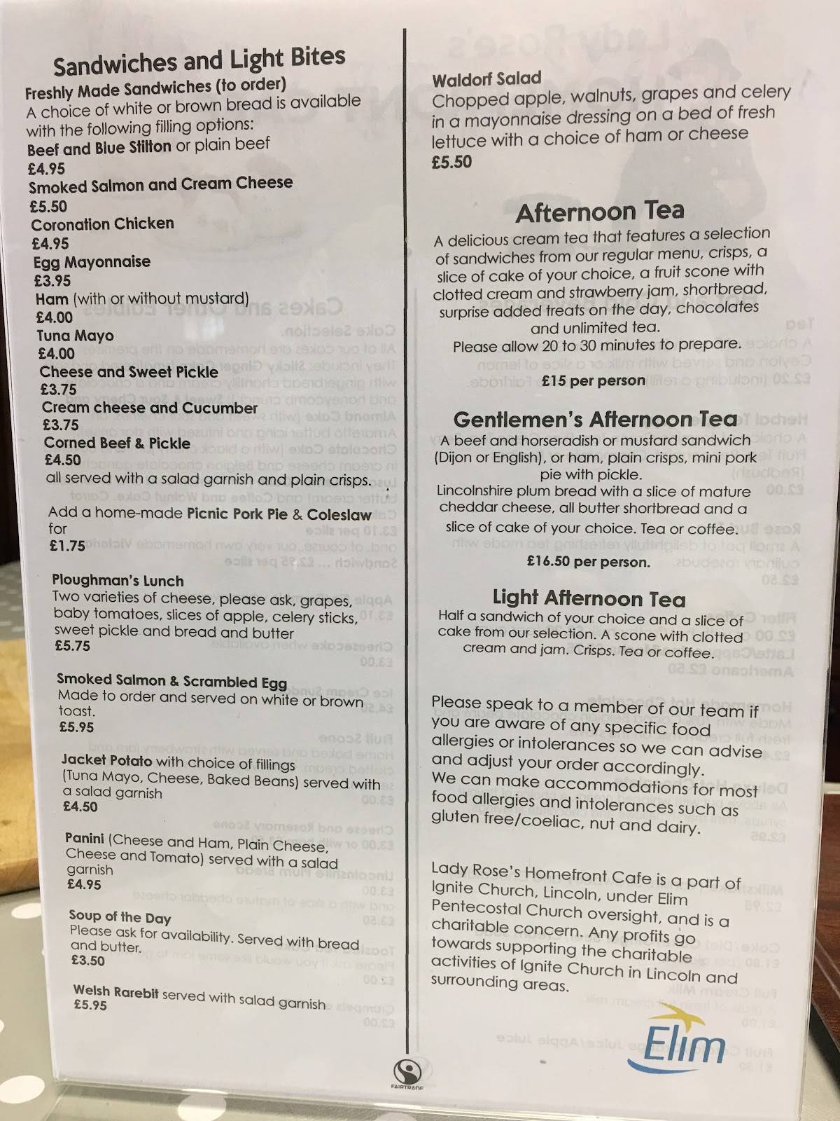 Menu at Lady Rose's Homefront Cafe, Lincoln