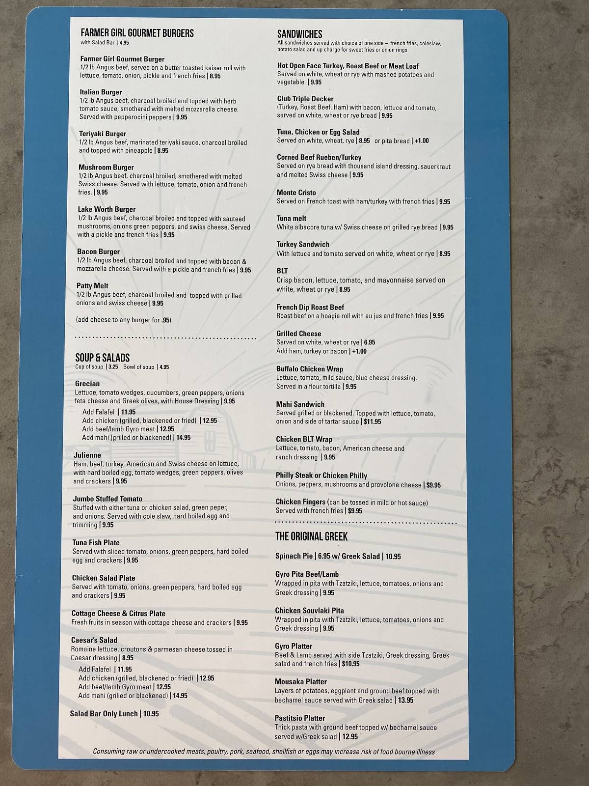 Menu at Farmer Girl Restaurant, Lake Worth