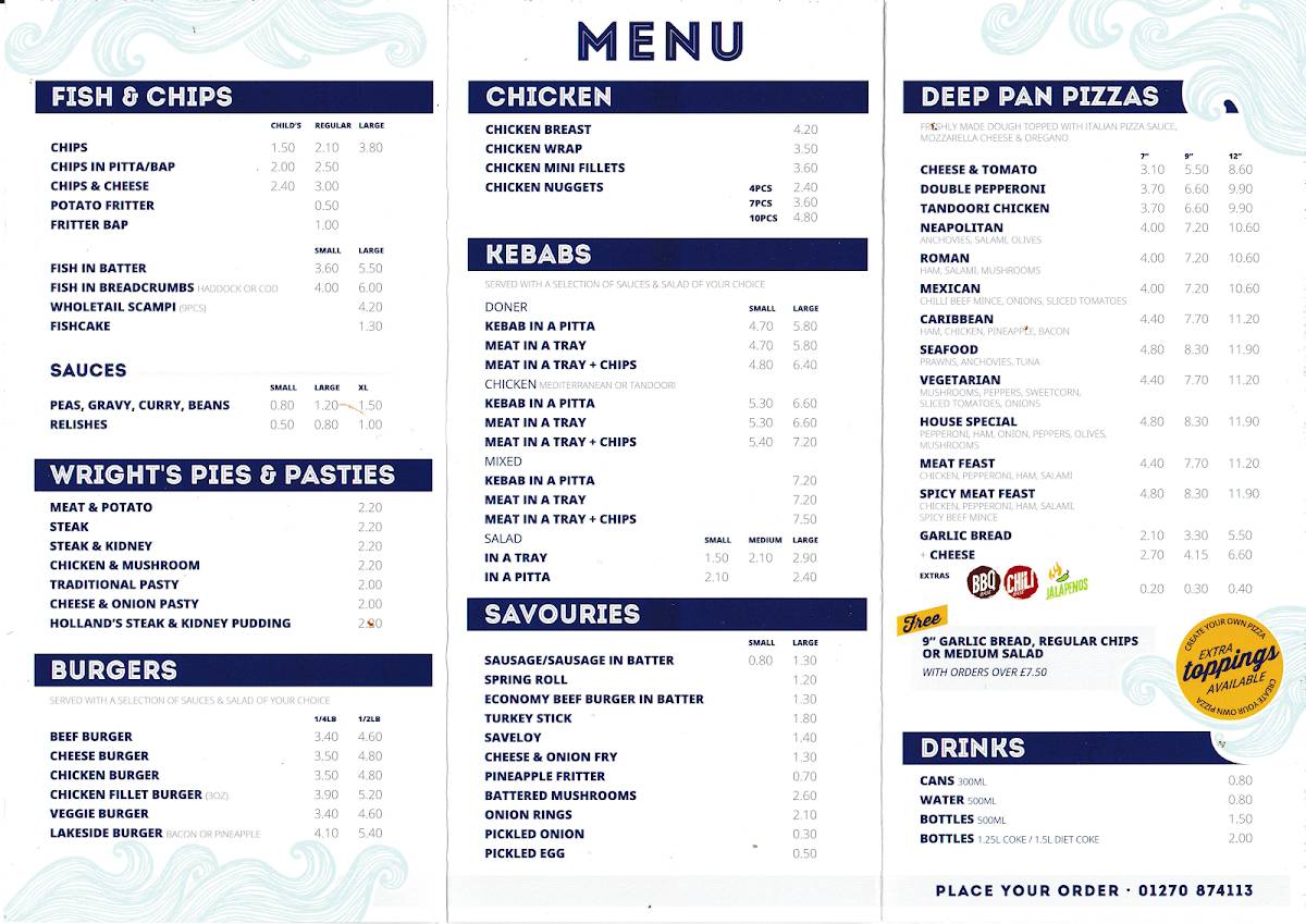 Menu at Lakeside Fish Bar, Rode Heath