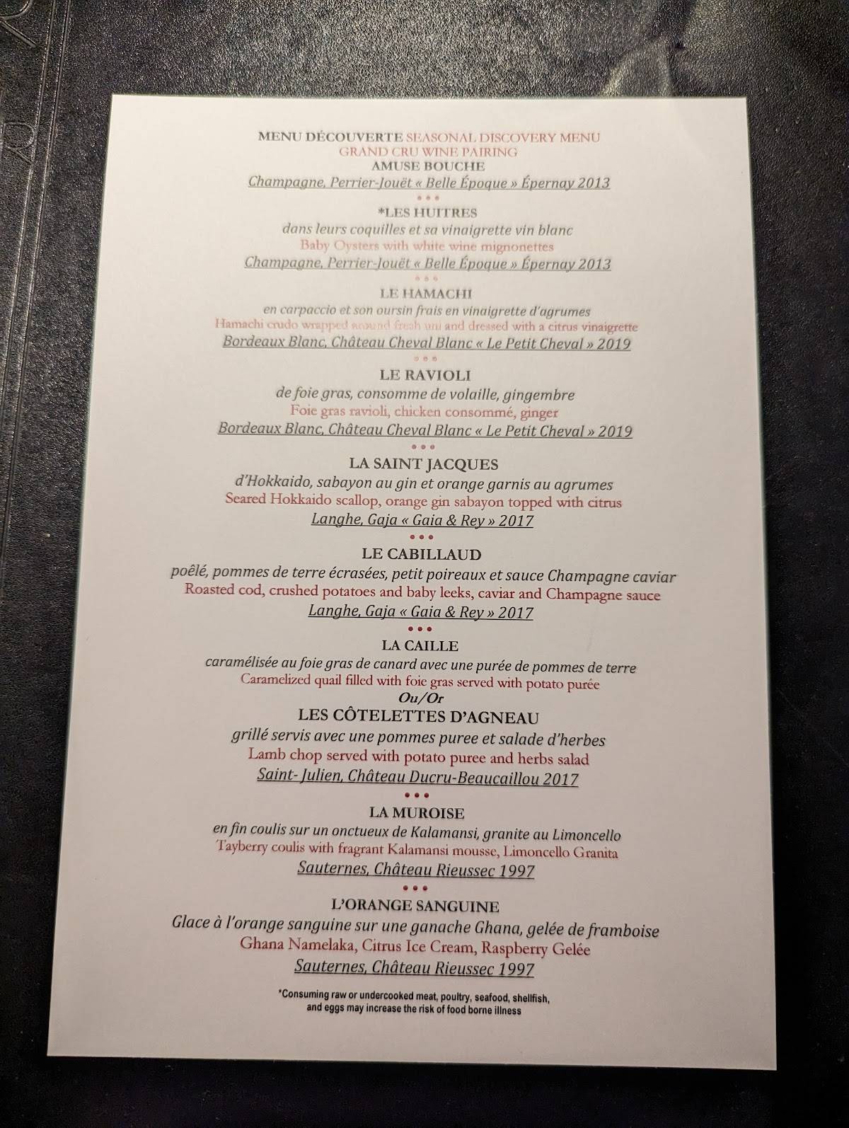 Menu at L'Atelier restaurant, Las Vegas