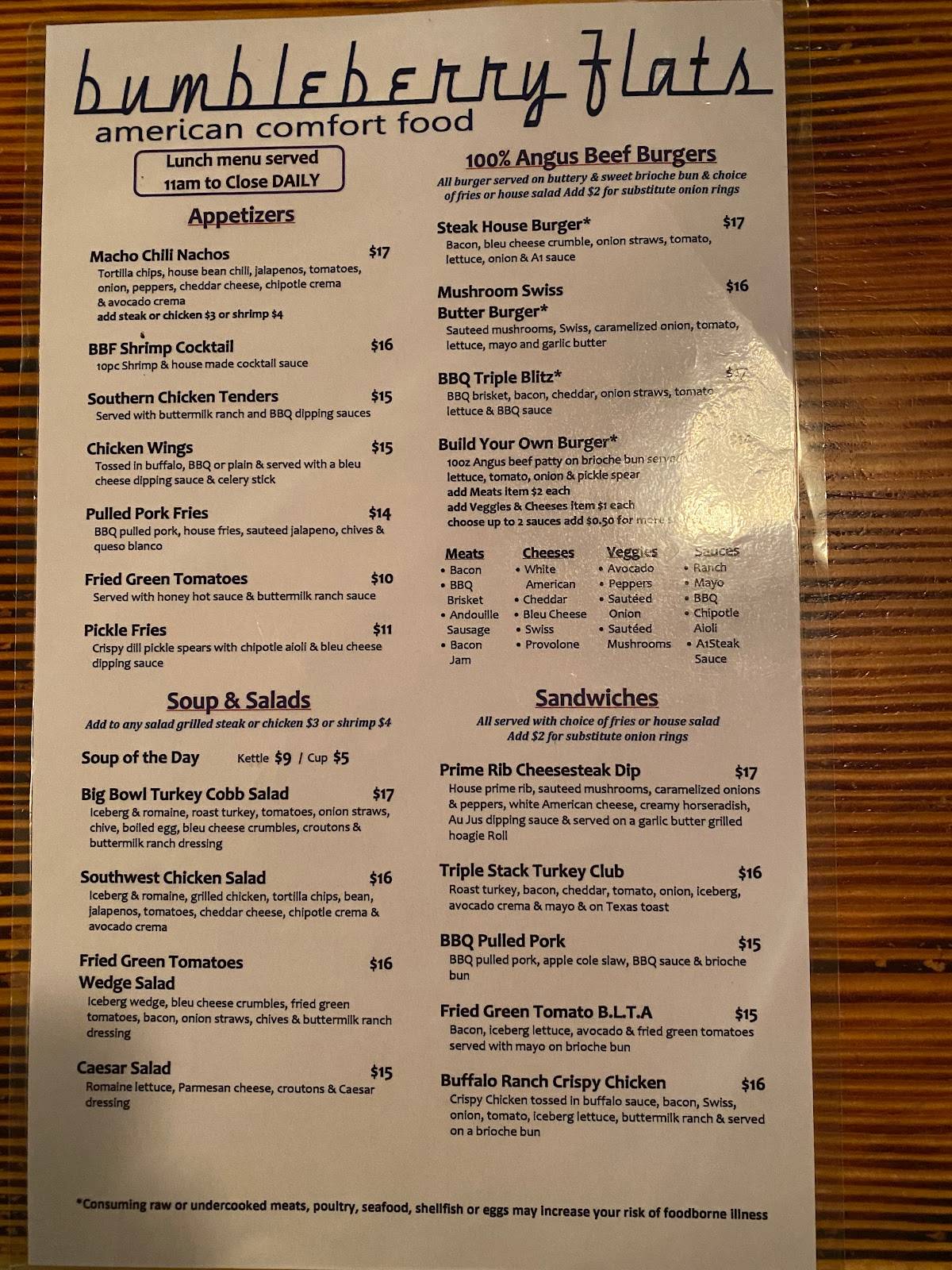 Menu at Bumbleberry Flats restaurant, Laughlin