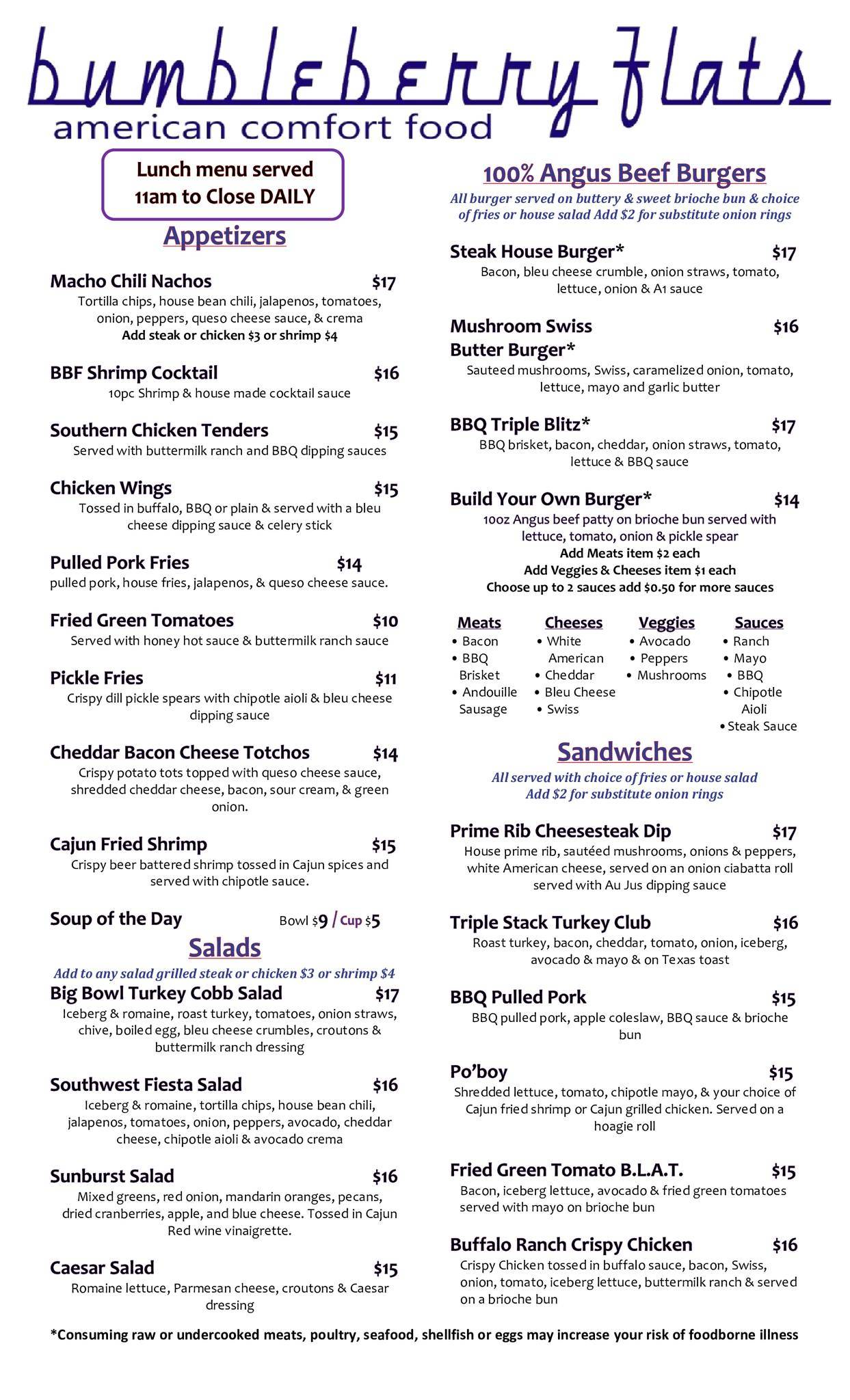 Menu at Bumbleberry Flats restaurant, Laughlin