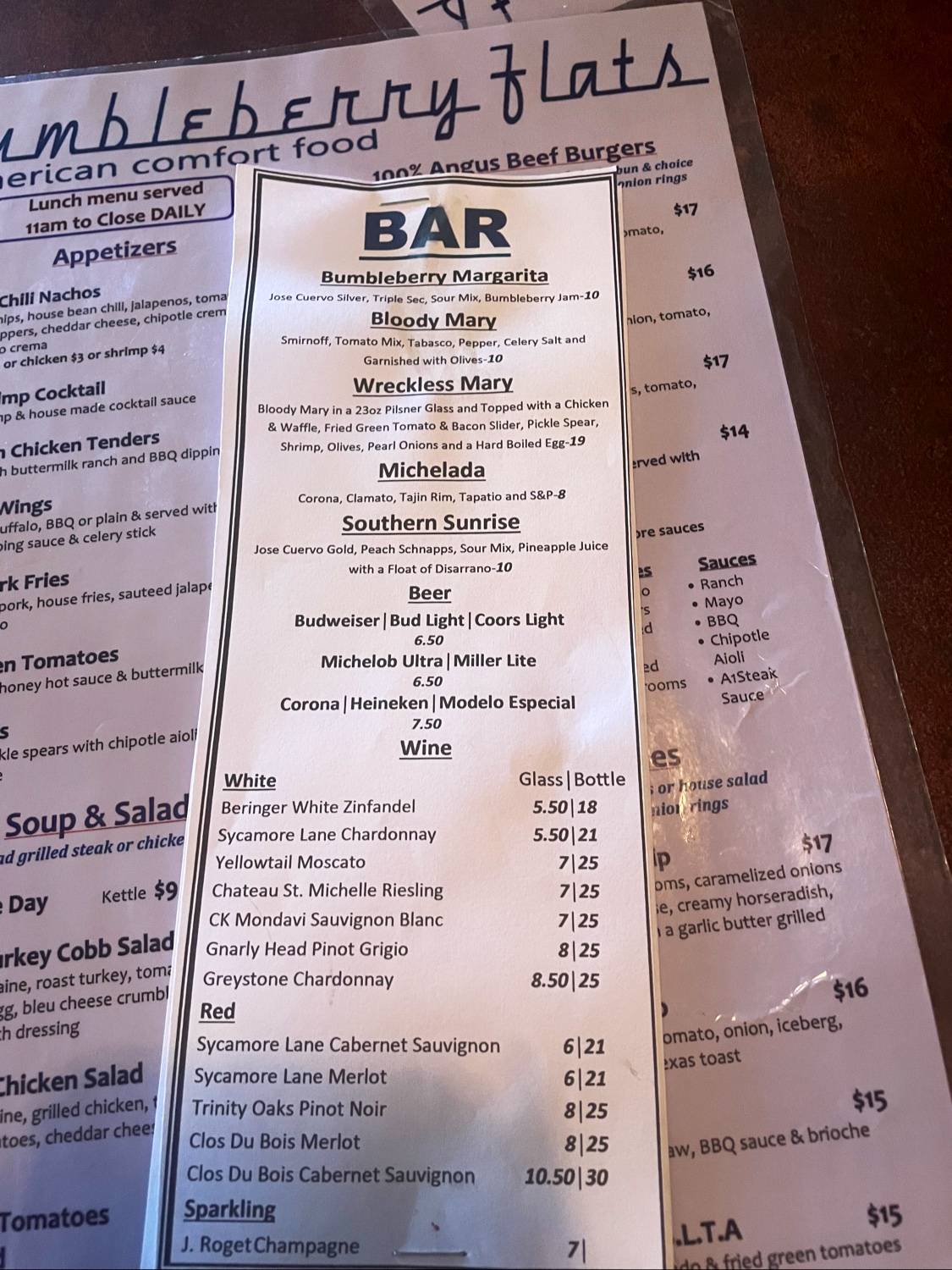 Menu at Bumbleberry Flats restaurant, Laughlin