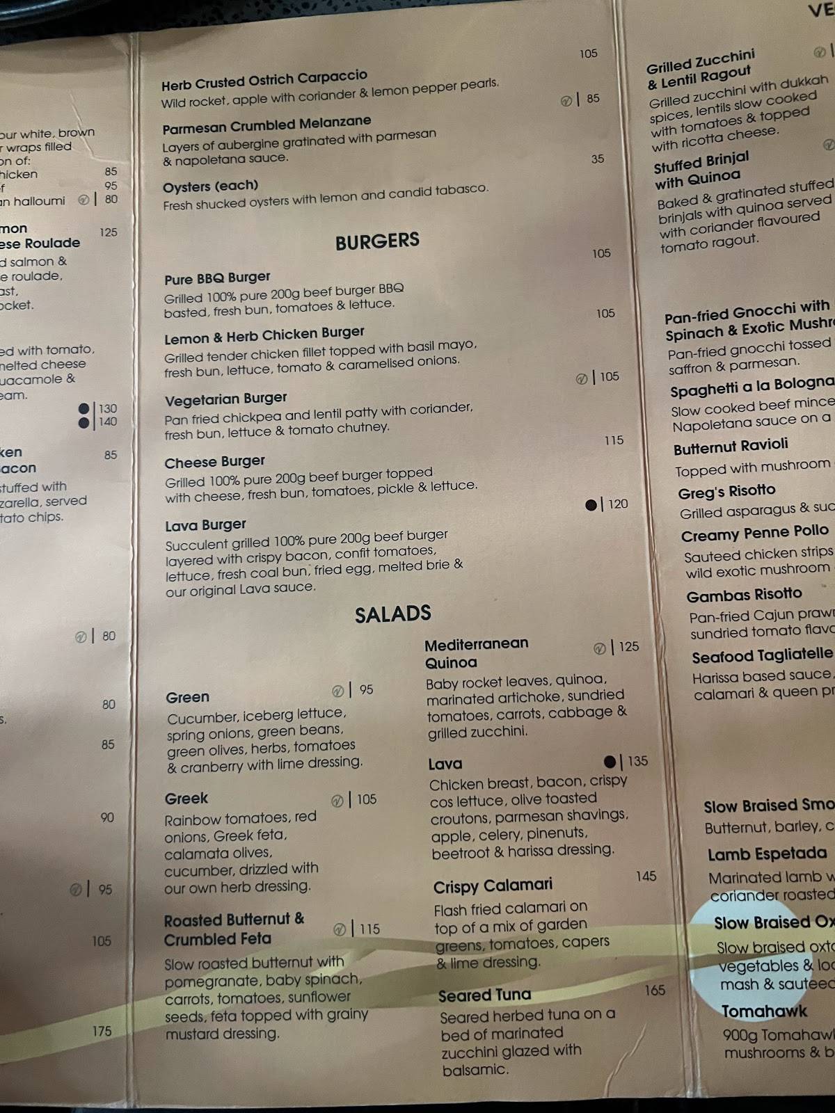 Menu at Lava Lounge restaurant, Roodepoort